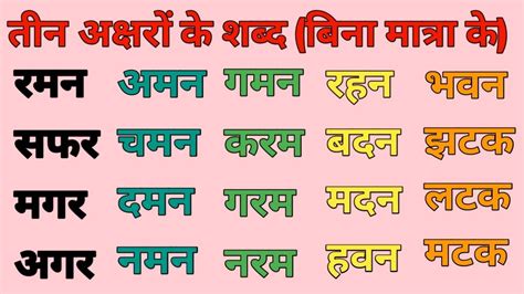 Teen Akshar Ke Bina Matra Vale Shabd