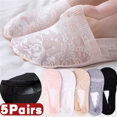 5 pares de flor de renda meias curtas mulheres verão silicone