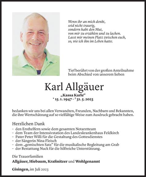 Todesanzeigen von Karl Allgäuer Todesanzeigen Vorarlberger Nachrichten