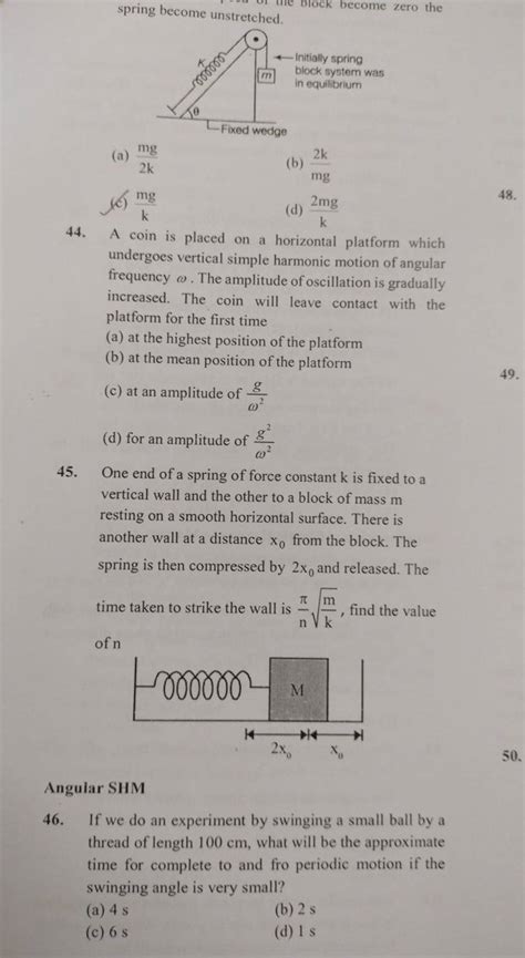 One End Of A Spring Of Force Constant K Is Fixed To A Vertical Wall And T