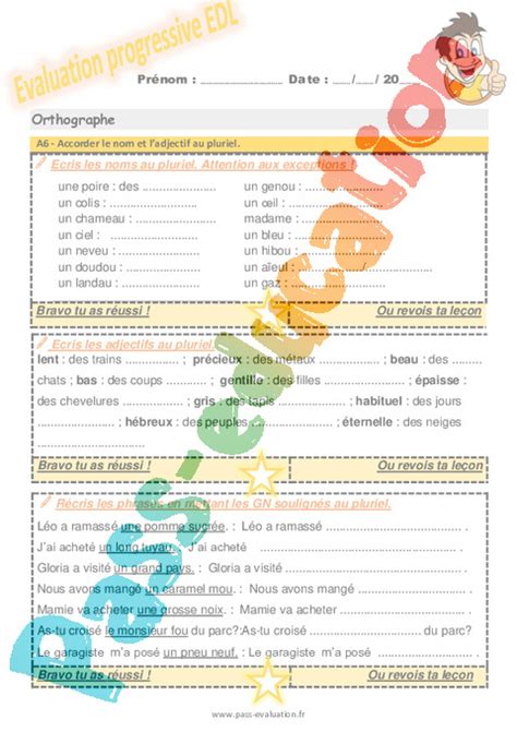 Accord de l adjectif qualificatif Cycle 3 Exercice évaluation