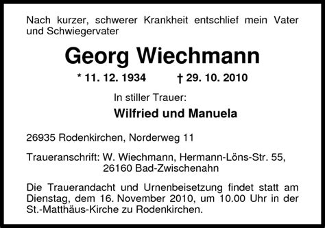 Traueranzeigen Von Georg Wiechmann Nordwest Trauer De