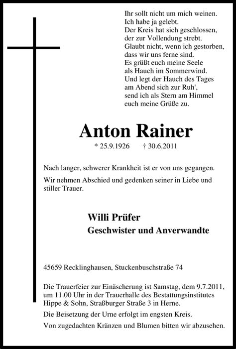 Traueranzeigen Von Anton Rainer Trauer In NRW De