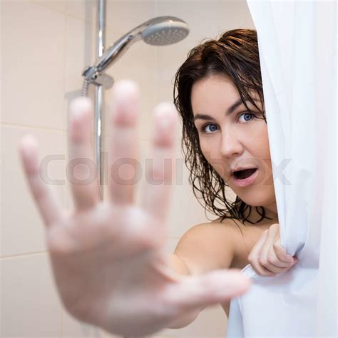 Pretty Woman Hiding Behind Shower Curtain Stock Image Colourbox