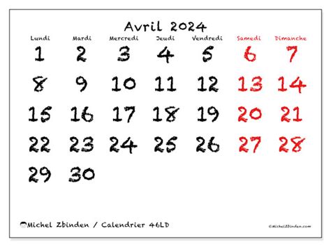 Calendrier Avril 2024 46 Michel Zbinden FR