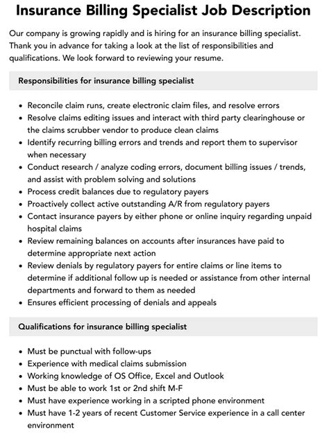 Insurance Billing Specialist Job Description Velvet Jobs