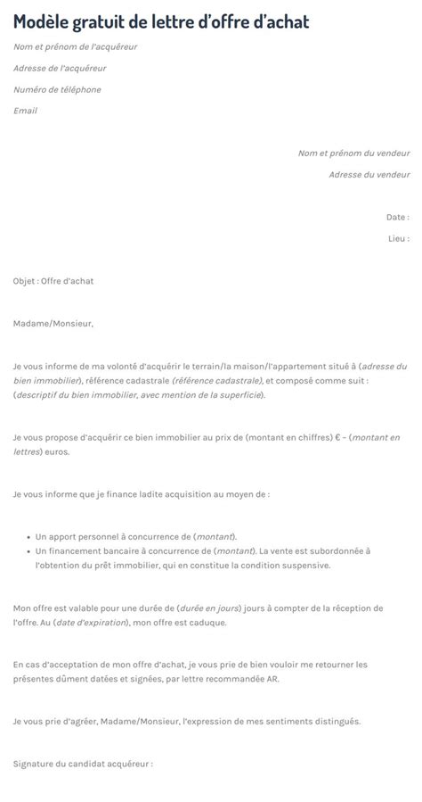 Toujours utile voici un modèle de courrier pour faire une offre d