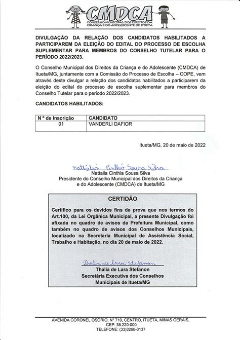Prefeitura Municipal de Itueta MG CMDCA Divulgação da relação dos