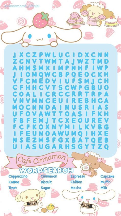 Cafe Cinnamon Word Search Owo Hello Kitty Printables Hello Kitty Crafts Cute Coloring Pages