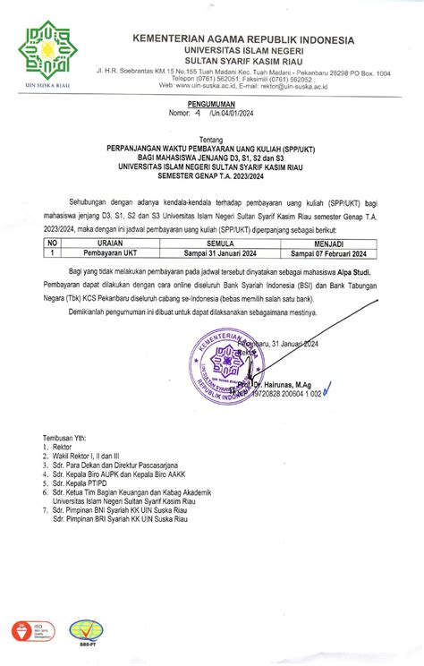 Perpanjangan Waktu Pembayaran Uang Kuliah Tunggal Ukt Tahun Akademik
