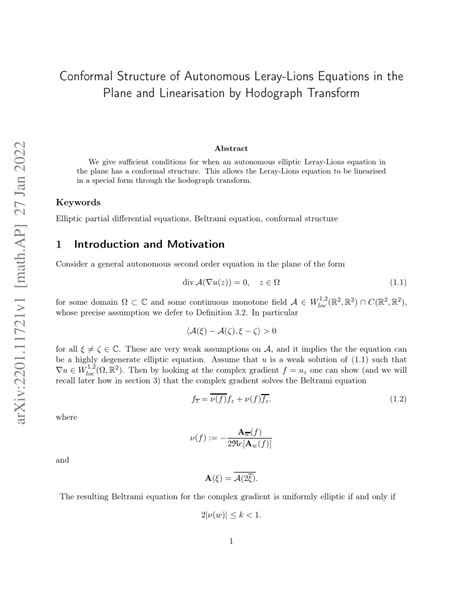 pdf conformal structure of autonomous leray lions equations in the plane and linearisation by
