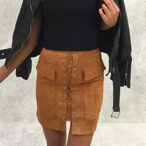2016 Sexy Autumn Lace Up Suede Leather Women Skirt Cross Straps Vintage Pocket Casual Short