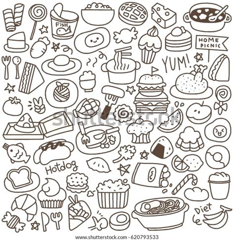 Set Cute Food Doodle Black White Stock Vector Royalty Free 620793533