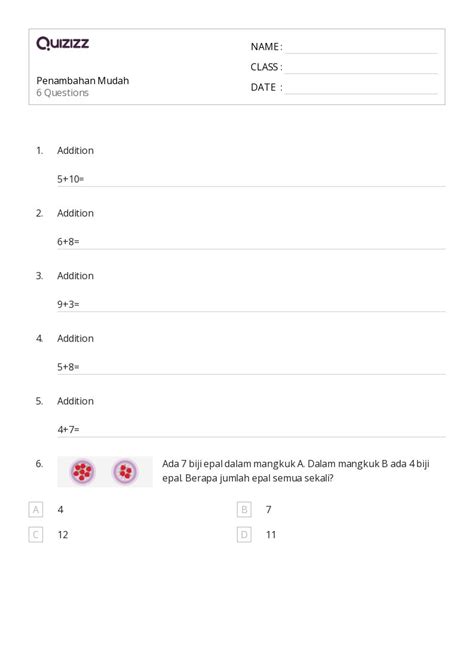 Lembar Kerja Penambahan Dalam Untuk Kelas Di Quizizz Gratis