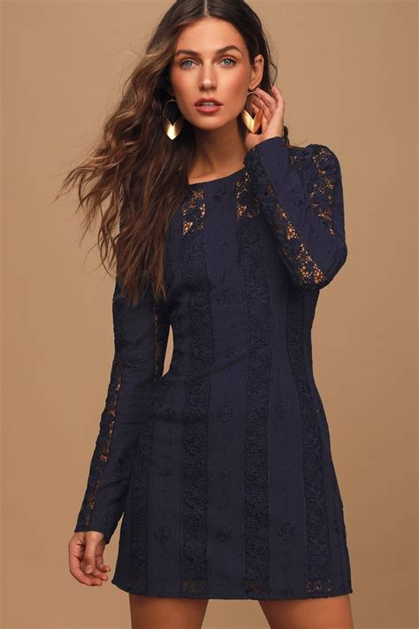 Navy Blue Lace Dress Embroidered Mini Dress Long Sleeve Dress Lulus