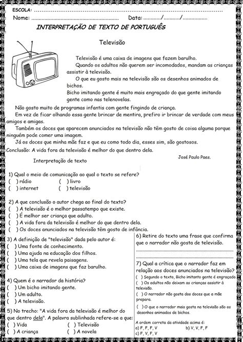Prova De Português 4 Ano Interpretação De Texto Gabarito EDUKITA