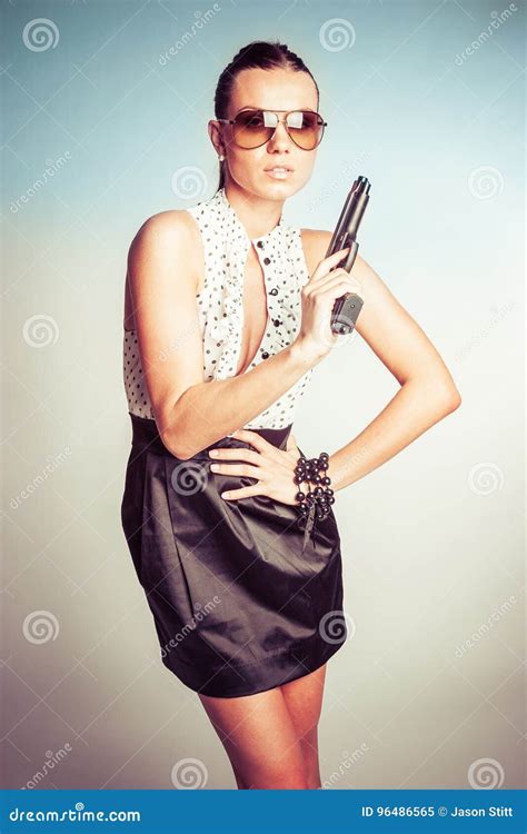 Woman Holding Gun Stock Image Image Of Shooting Woman 96486565