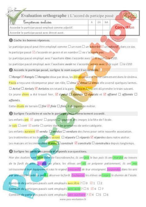Laccord du participe passé au Cm2 Evaluation QCM Quiz PDF à