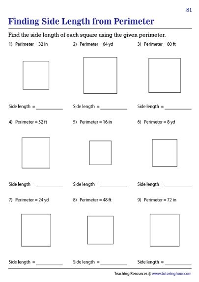 finding the side length of a square from perimeter worksheets