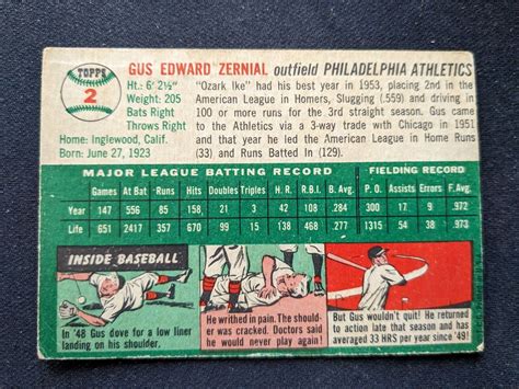 1954 Topps Baseball Card 2 Gus Zernial Philadelphia Athletics VG