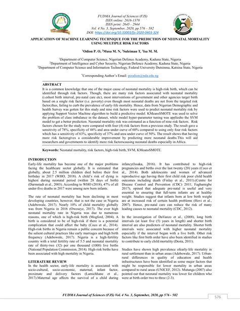 pdf application of machine learning technique for the prediction of neonatal mortality using