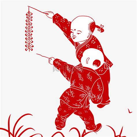 剪纸复古放鞭炮的小孩素材图片免费下载 千库网