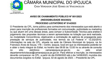 Aviso de Chamamento Público Nº 001 2023 Câmara Municipal do Ipojuca
