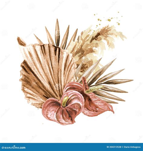 Boho Composition Of Dried Flowers Palm Leaves And Pampas Grass Hand