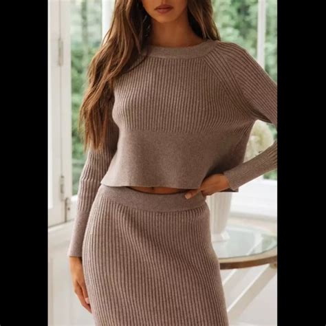 Private Label Skirts Taupe Ribbed Knit Sweater Midi Skirt 2 Piece