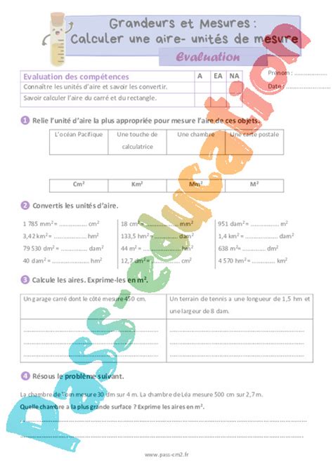 Calculer une aire unités de mesure Évaluation de grandeurs et