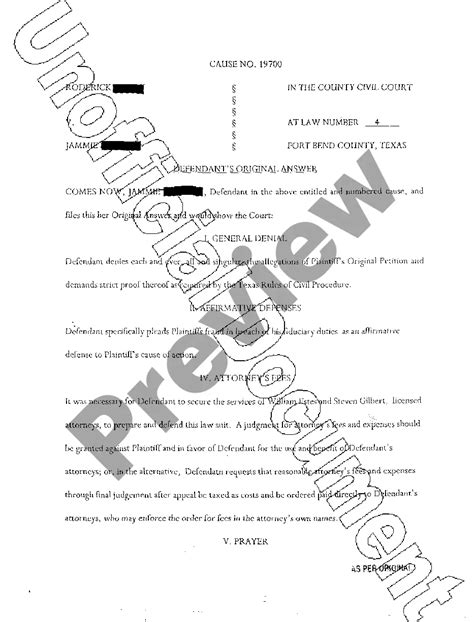 Texas Defendants Original Answer Us Legal Forms