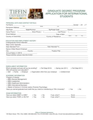 Fillable Online Graduate Degree Program Application For International