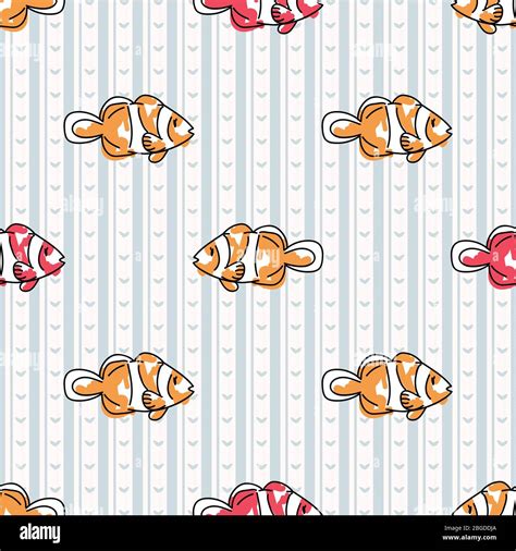 Cute Cartoon Two Clownfish Seamless Vector Pattern Hand Drawn Sealife