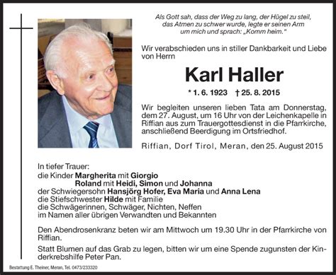 Traueranzeigen Von Karl Haller Trauer Bz