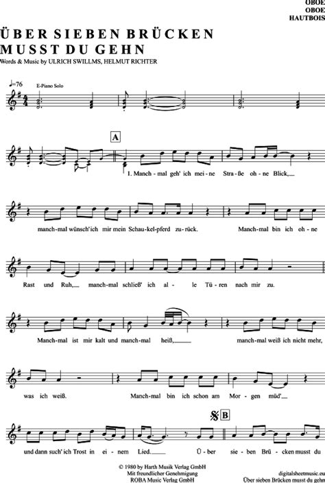 Über Sieben Brücken Musst Du Gehn Oboe PDF Noten von Peter Maffay in