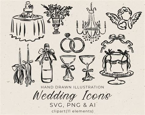 Hand Drawn Wedding Icons In SVG Wedding Illustrations Clipart Editable
