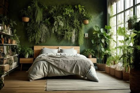 Premium AI Image A Bedroom With A Green Wall And Plants