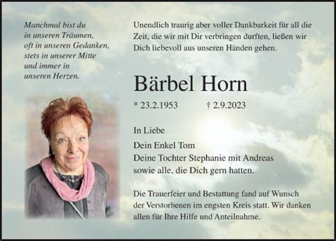 Traueranzeigen von Bärbel Horn trauer anzeigen de