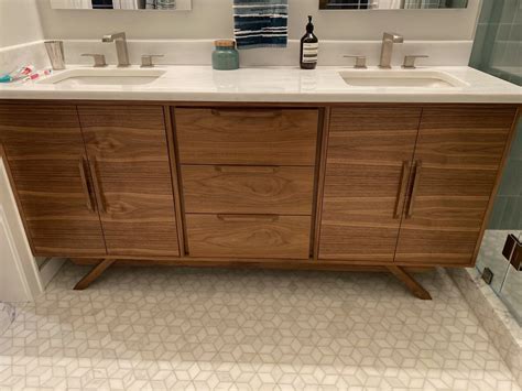 Double Sink Mid Century Style Bathroom Vanity Cabinet In Walnut