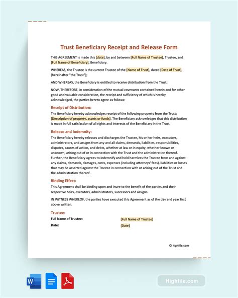 Trust Beneficiary Receipt And Release Form Word PDF Google Docs