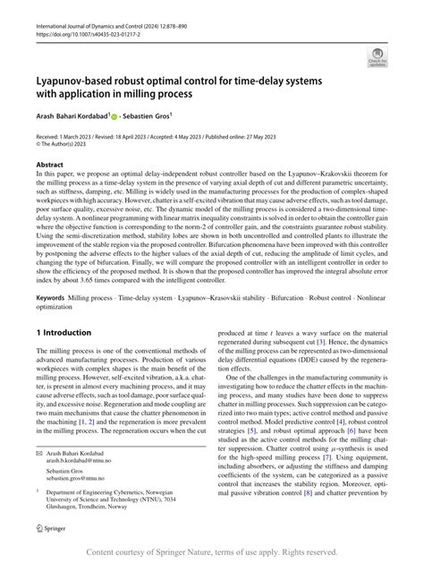 pdf lyapunov based robust optimal control for time delay systems with application in milling