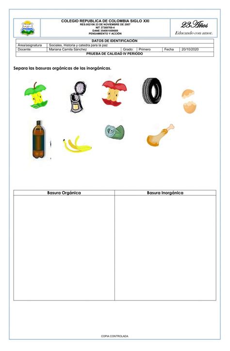Basuras orgánicas e inorgánicas worksheet