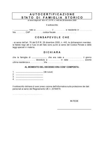 Autocertificazione Stato Di Famiglia Del Defunto Editabile