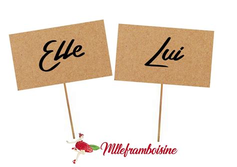 Pancarte LUI ELLE Pour Jeu Mariage Kraft Naturel Et Bois Origami