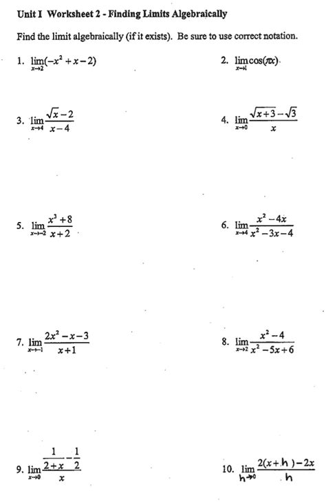 solved unit i worksheet 2 finding limits algebraically find the limit algebraically if it
