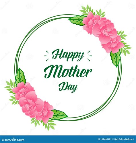 Greeting Card Lettering Text Of Happy Mother Day With Elegant Green Leaves Frame And Pink