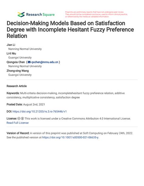pdf decision making models based on satisfaction degree with incomplete hesitant fuzzy