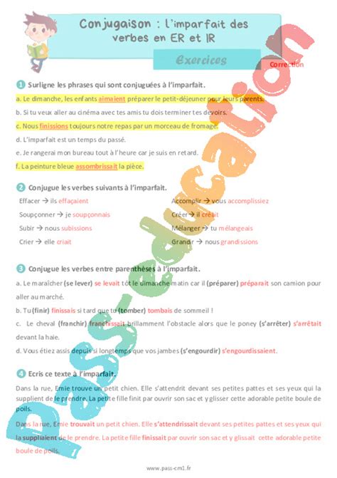 Limparfait De Lindicatif Des Verbes En ER Et IR Exercices De