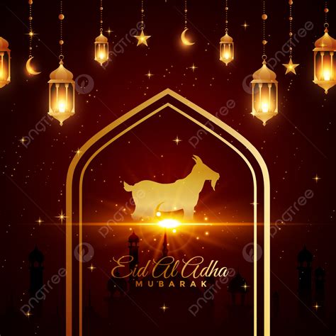 Feliz Eid Al Adha Mubarak Hermosa Cabra Islámica Linterna Fondo Rojo
