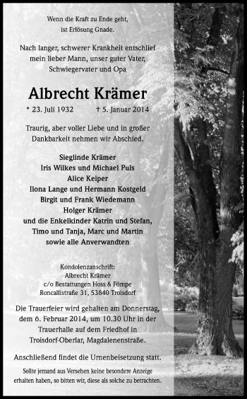 Traueranzeigen Von Albrecht Kr Mer Wirtrauern